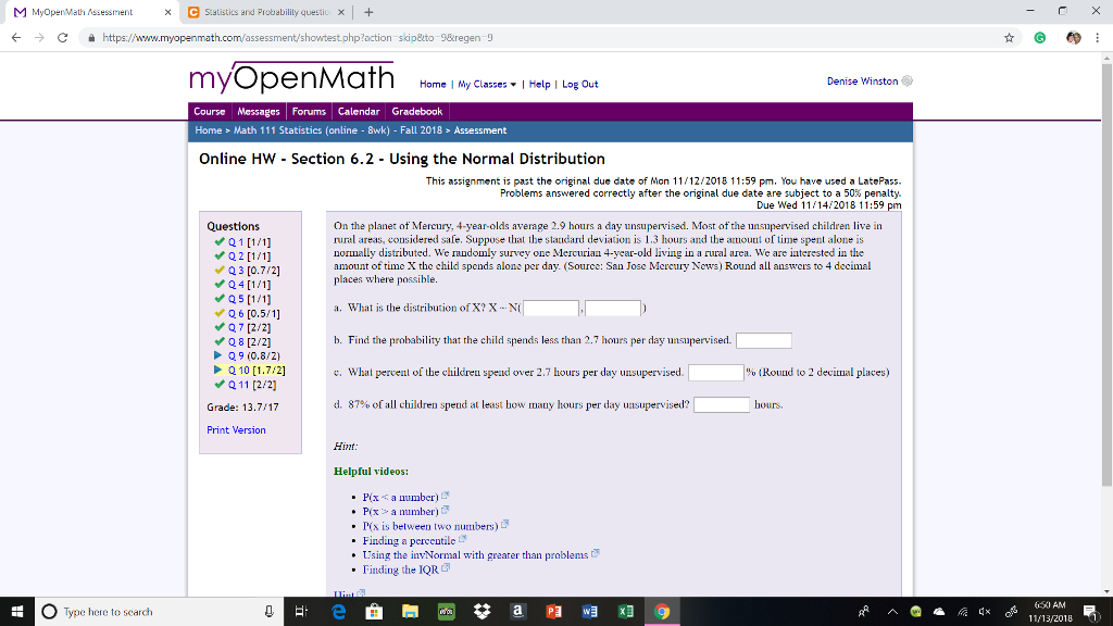 Solved M MyOpenMath Assessment S.atistics and Probability | Chegg.com