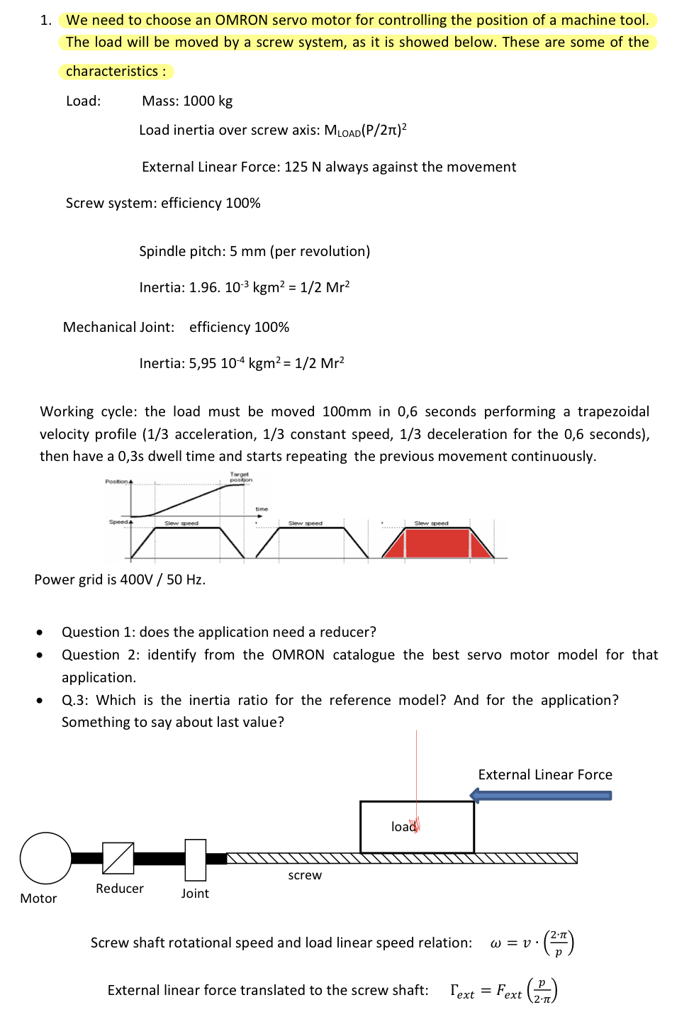 Solved 1. We need to choose an OMRON servo motor for | Chegg.com