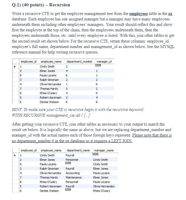 Solved Q.1) (40 points) - Recursion Write a recursive CTE to | Chegg.com