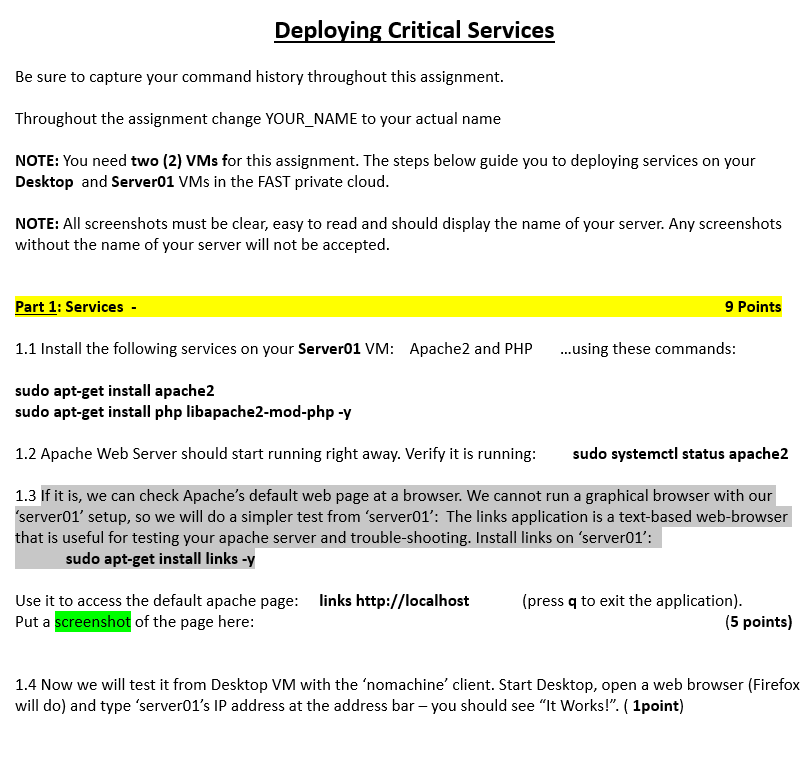 Solved Deploying Critical Services Be sure to capture your | Chegg.com