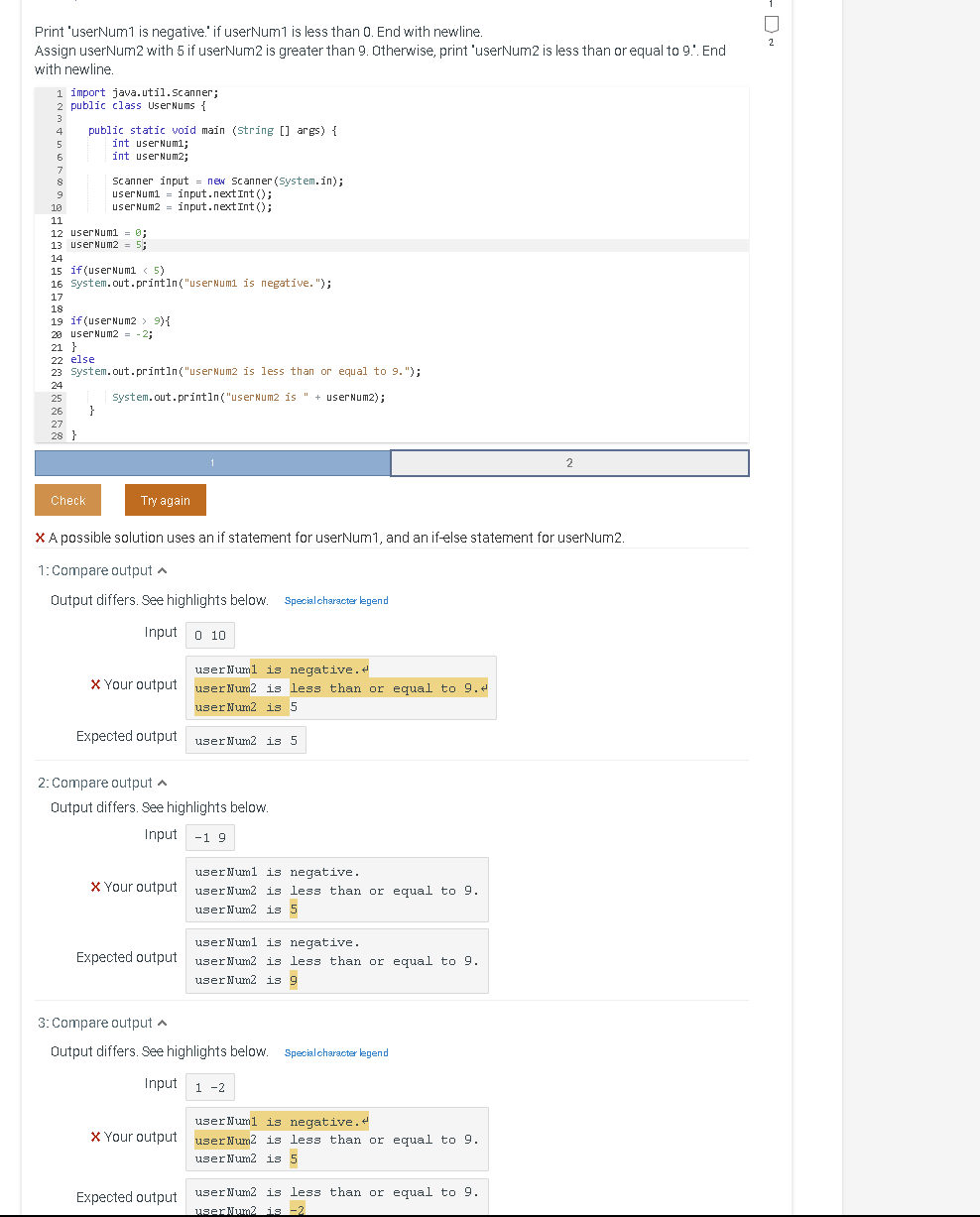 Solved 2 Print 'userNumlis negative' if userNum1 is less | Chegg.com