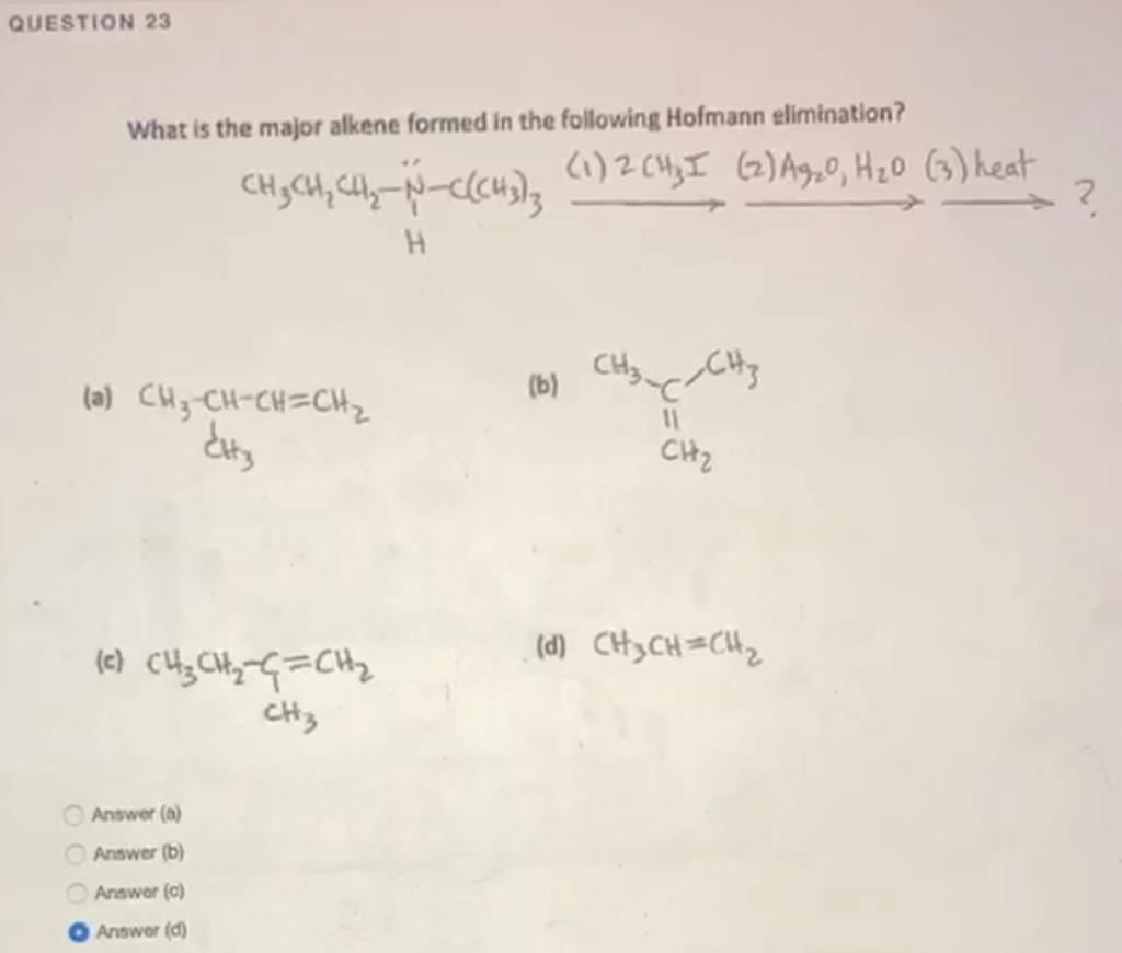 Solved QUESTION 23 What is the major alkene formed in the | Chegg.com
