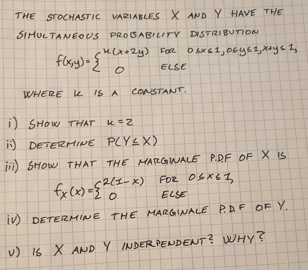 Solved THE STOCHASTIC VARIABLES X AND Y HAVE THE | Chegg.com