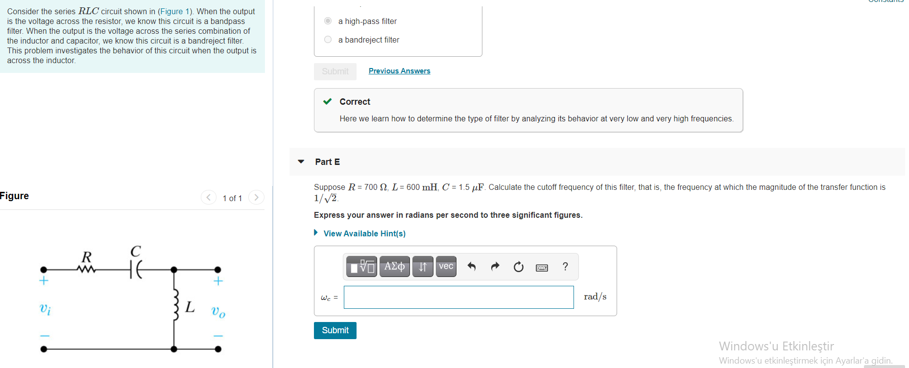Solved a high-pass filter Consider the series RLC circuit | Chegg.com