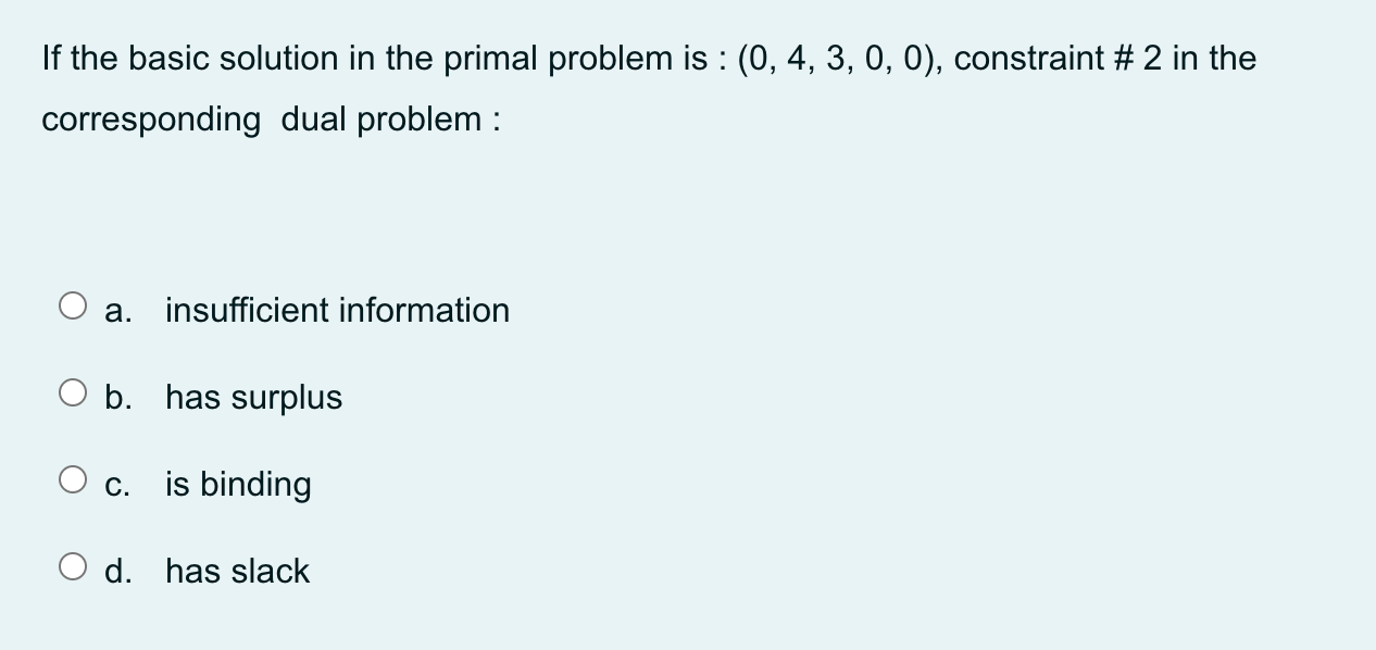Solved If the basic solution in the primal problem is : (0, | Chegg.com