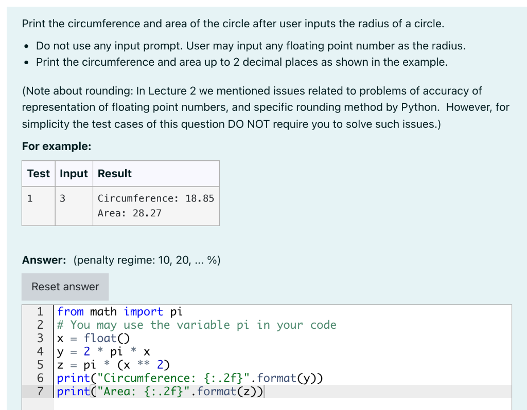 Solved Print the circumference and area of the circle after | Chegg.com