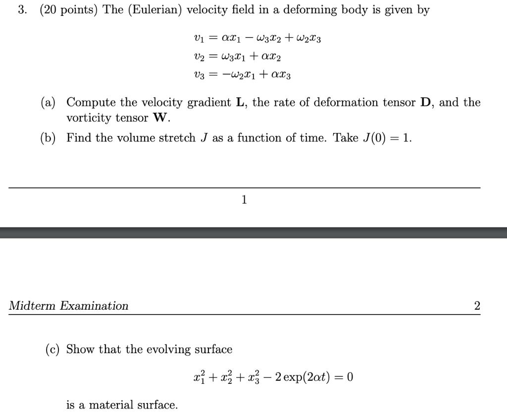 3. (20 points) The (Eulerian) velocity field in a | Chegg.com