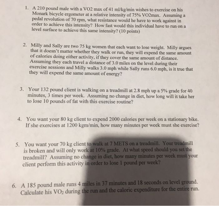 Solved 1. A 210 pound male with a VO2 max of 41 mlkg/min | Chegg.com
