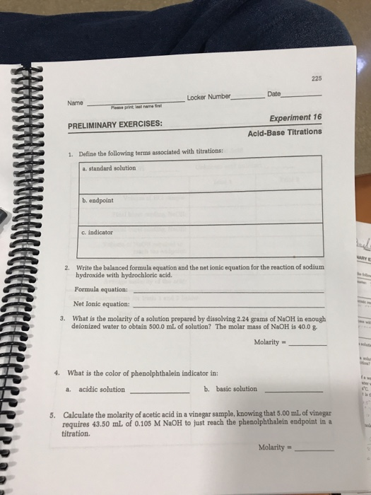 Solved 225 Date Locker Number Name Experiment 16 Acid-Base | Chegg.com