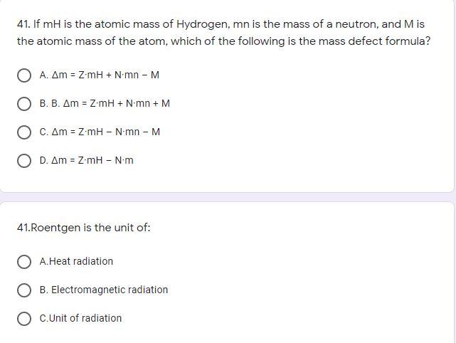 Solved 41. If mH is the atomic mass of Hydrogen, mn is the | Chegg.com