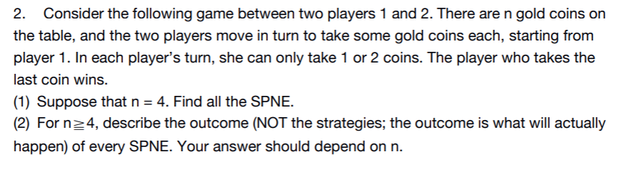 2. Consider the following game between two players 1 | Chegg.com