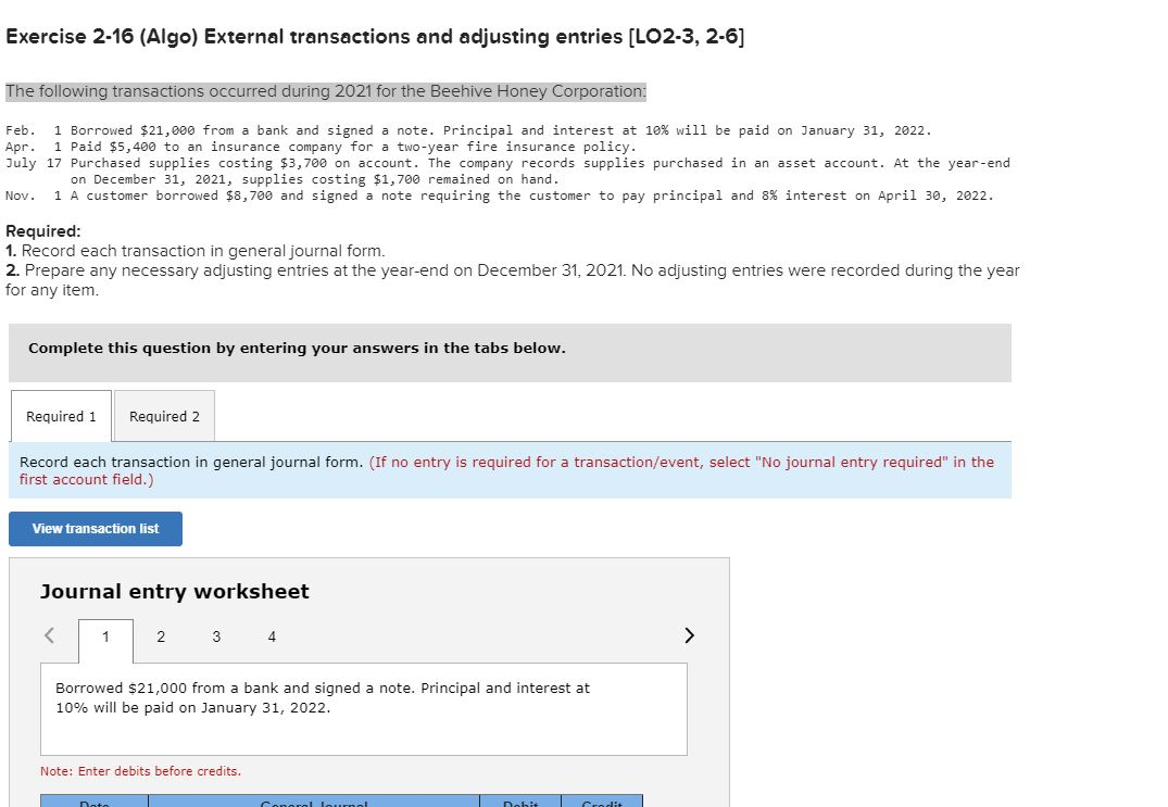 Solved Exercise 2-16 (Algo) External transactions and | Chegg.com