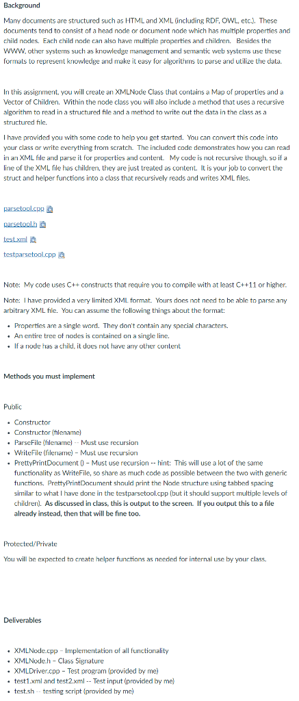 Write an XMLNode .cpp and .h that implements the | Chegg.com