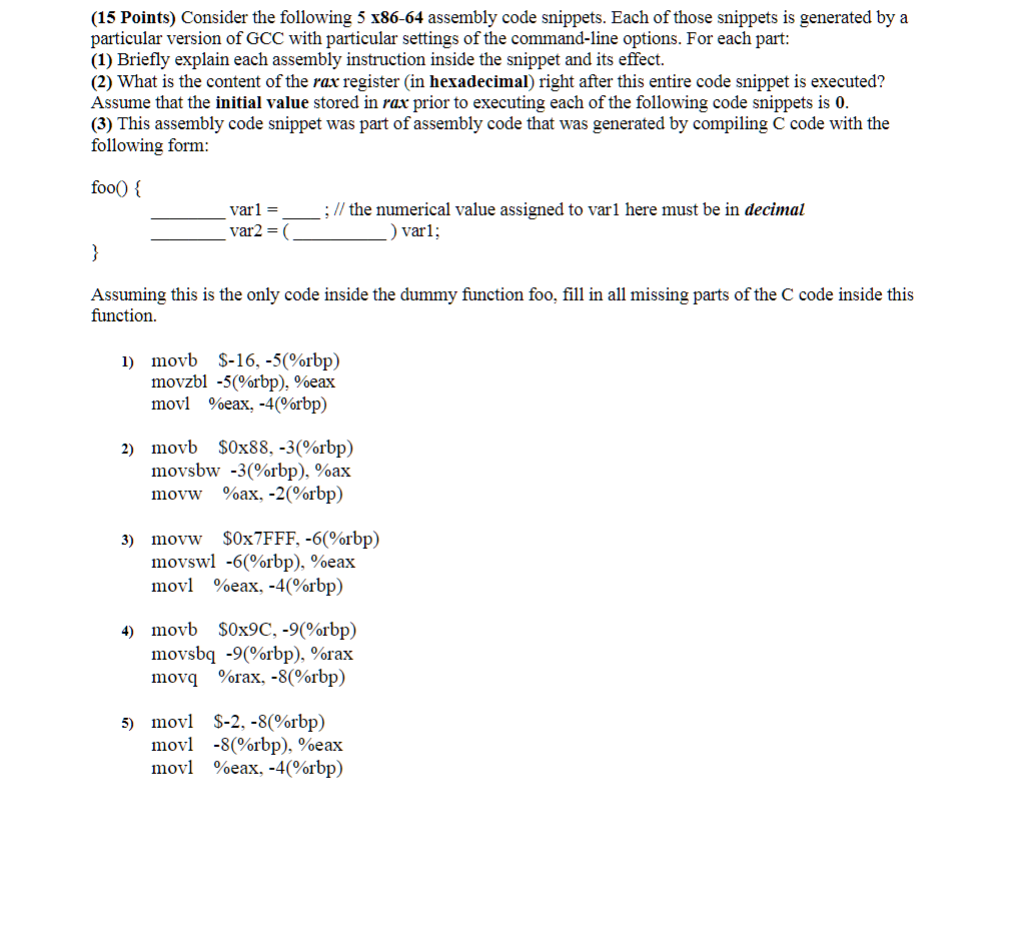 Solved (15 Points) Consider the following 5×86−64 assembly | Chegg.com