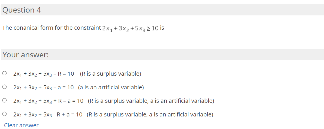 Solved The conanical form for the constraint 2x1+3x2+5x3≥10 | Chegg.com
