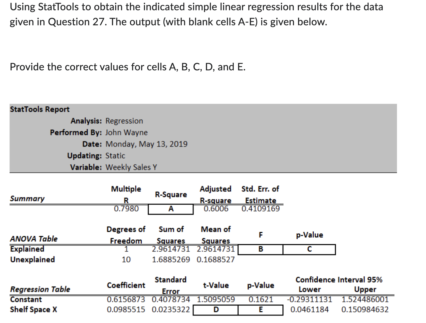 Solved Using StatTools to obtain the indicated simple linear | Chegg.com
