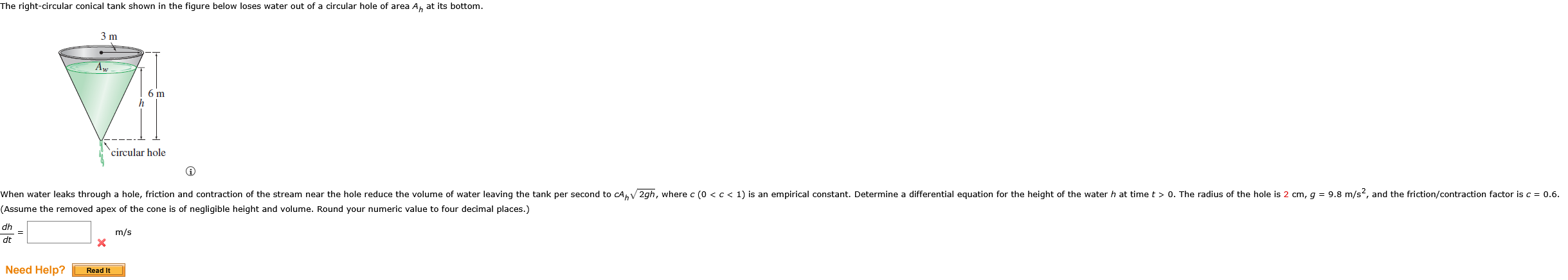 Solved The right-circular conical tank shown in ﻿the figure | Chegg.com