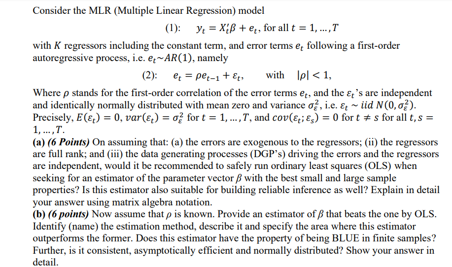 Consider the MLR (Multiple Linear Regression) model | Chegg.com