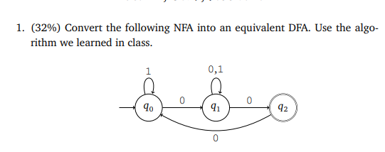 Solved 1. (32\%) Convert the following NFA into an | Chegg.com