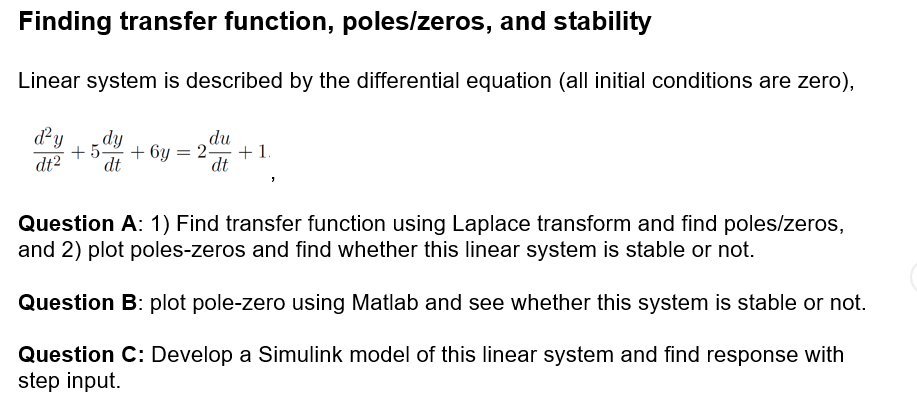 Finding transfer function, poles/zeros, and stability | Chegg.com