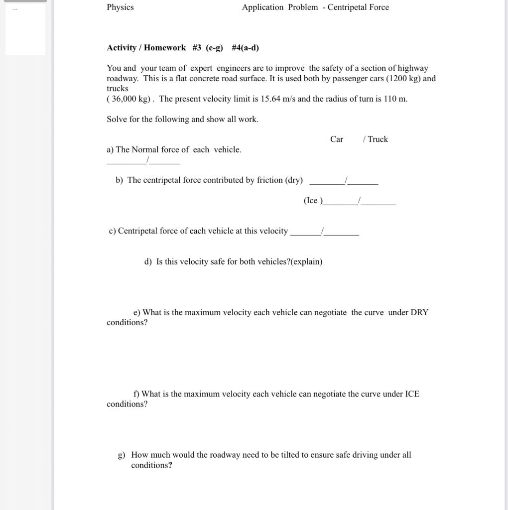 Solved Physics Application Problem - Centripetal Force | Chegg.com