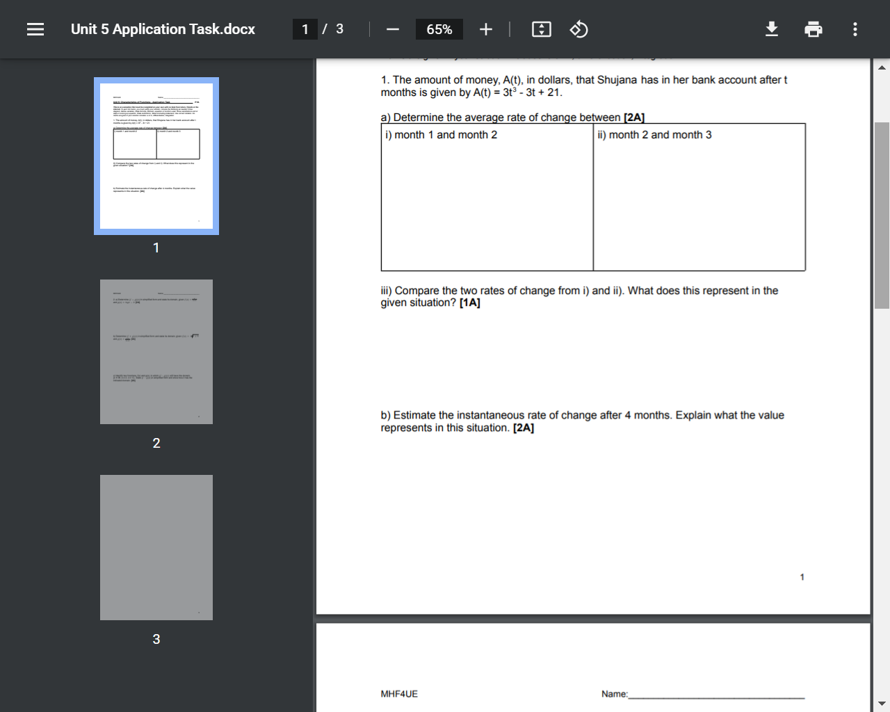 Solved III Unit 5 Application Task.docx 1 / 3 - 65% + 1. The | Chegg.com