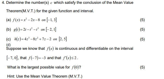 Solved 4. Determine the number(s) c which satisfy the | Chegg.com