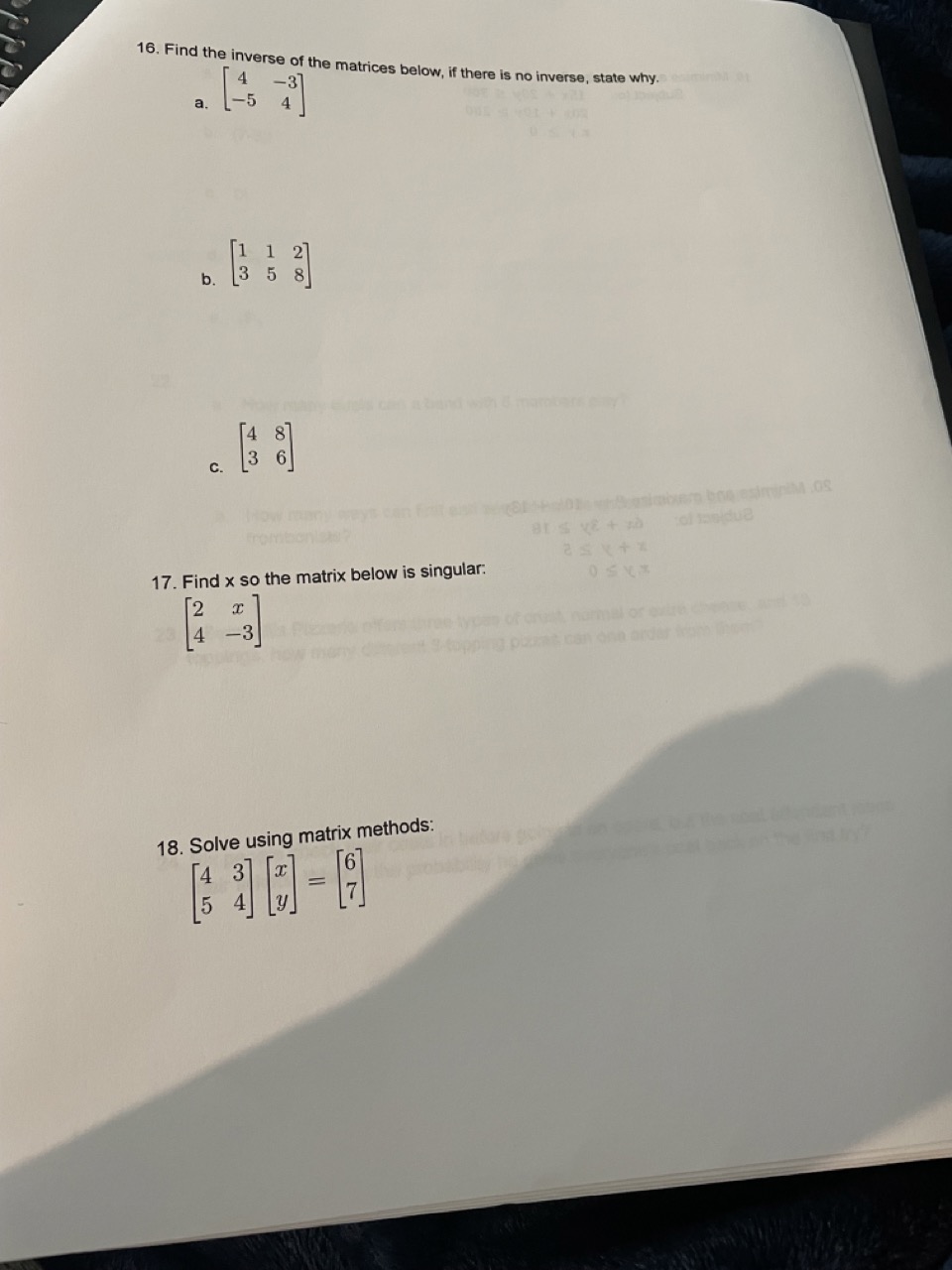 Solved 16. Find the inverse of the matrices below, if there | Chegg.com