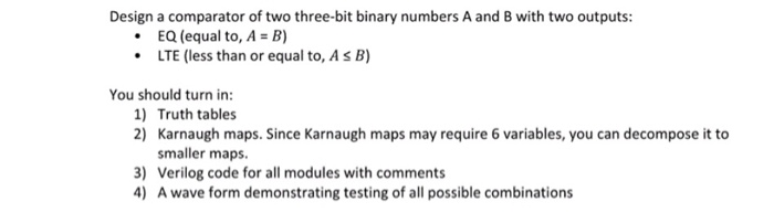 Solved Design a comparator of two three-bit binary numbers A | Chegg.com