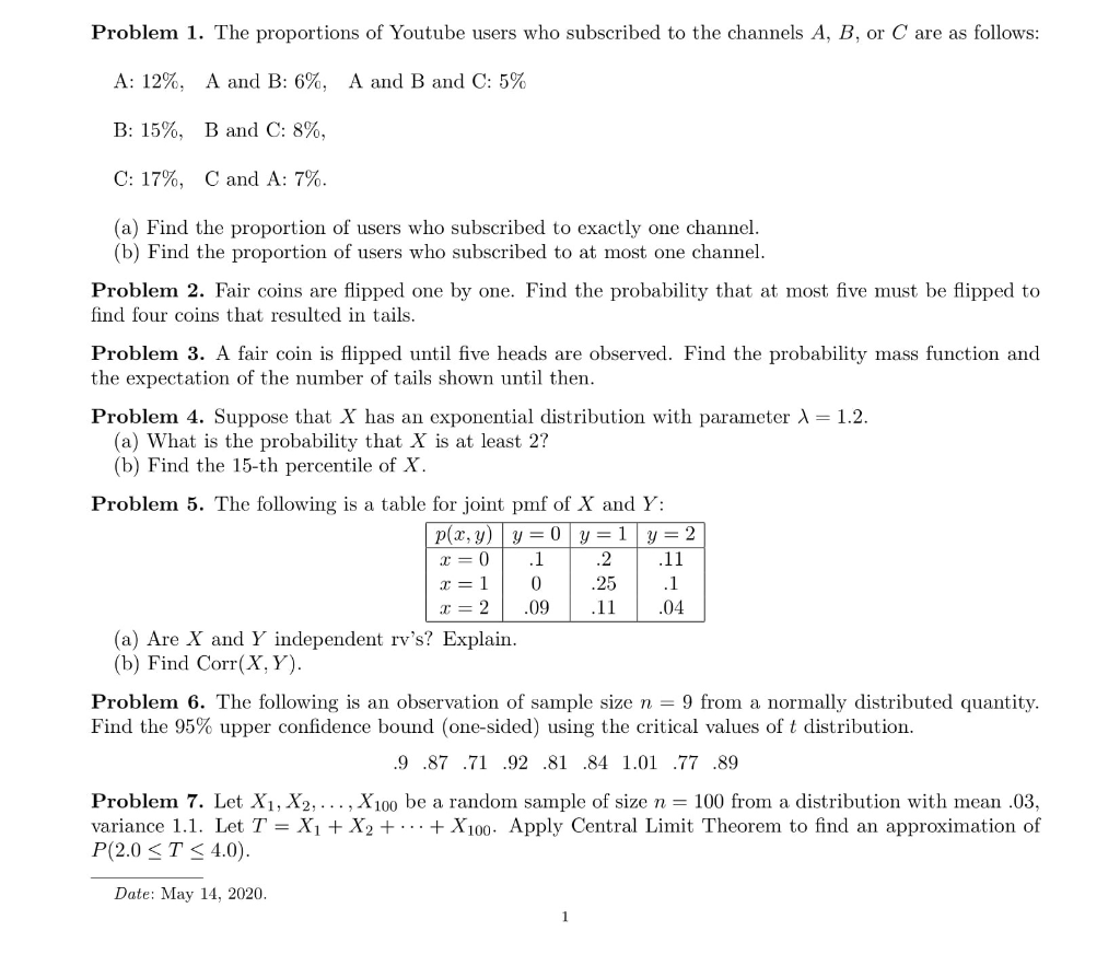 Solved Problem 1. The proportions of Youtube users who | Chegg.com