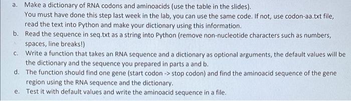 Solved a. Make a dictionary of RNA codons and aminoacids | Chegg.com