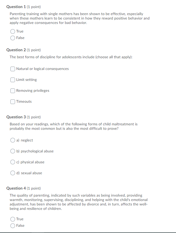 Solved Question 1 (1 point) Parenting training with single | Chegg.com