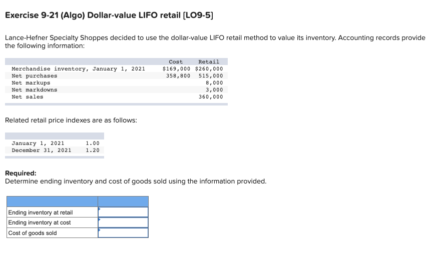 Solved Exercise 9-21 (Algo) Dollar-value LIFO retail [LO9-5] | Chegg.com