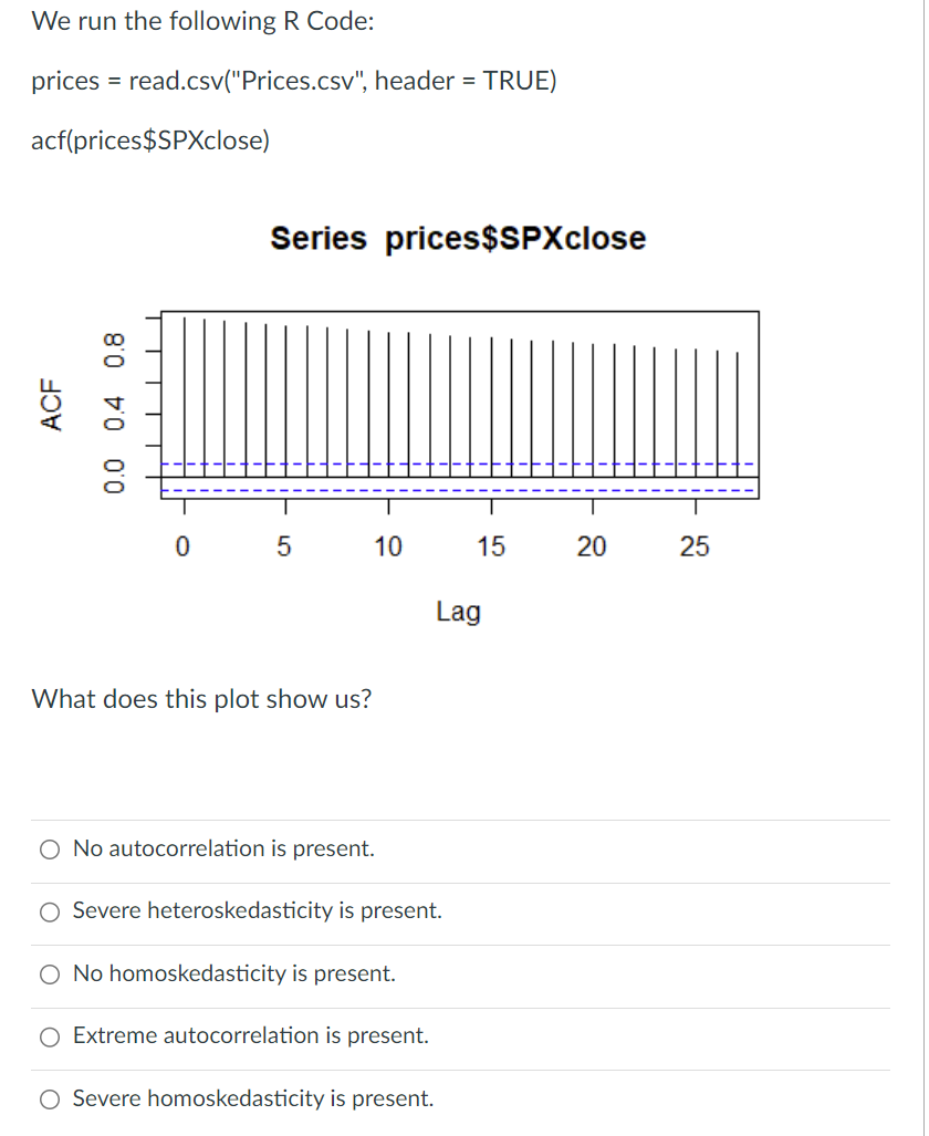 Solved We run the following R Code: prices = | Chegg.com