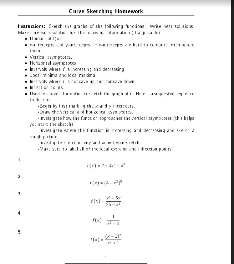 Solved Curve Sketching Homework Instructions: Sketch the | Chegg.com