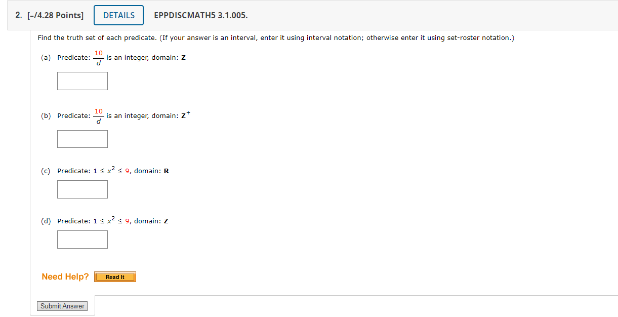Solved Find the truth set of each predicate. (If your answer | Chegg.com