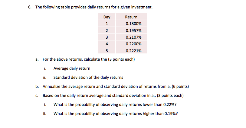 Solved 6. The following table provides daily returns for a | Chegg.com