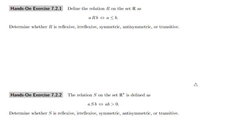 Solved Hands-On Exercise 7.2.1 Define the relation R on the | Chegg.com