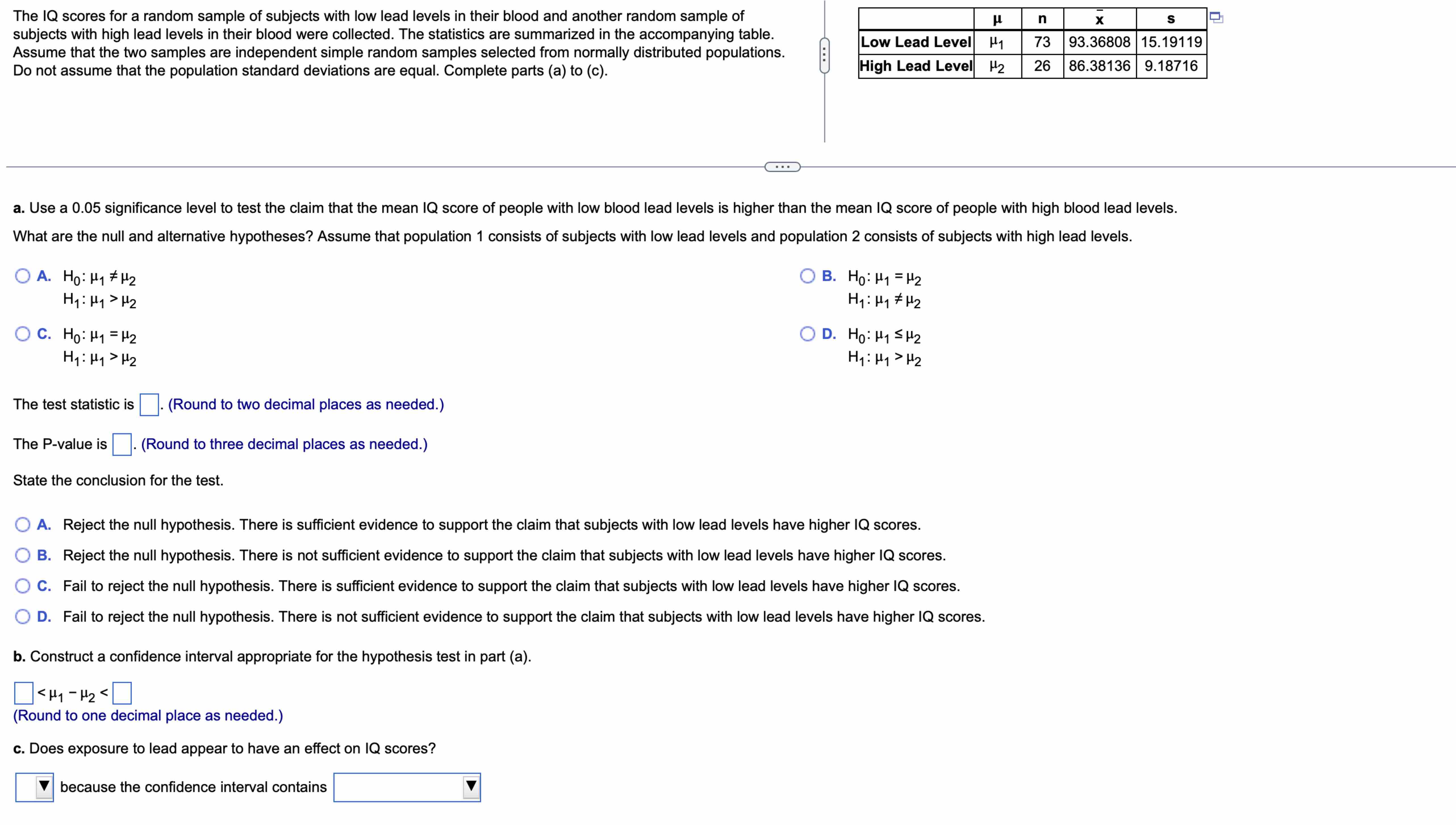 Solved subjects with high lead levels in their blood were | Chegg.com
