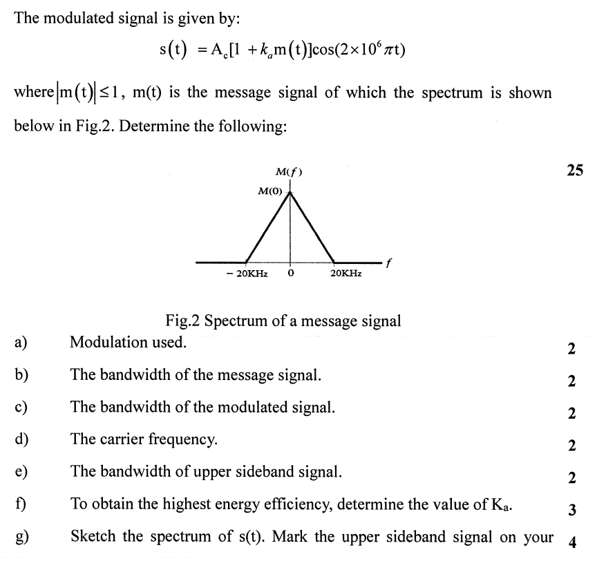 Solved The modulated signal is given by: s(t) = A. [1 +k | Chegg.com