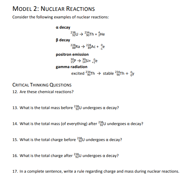 Solved ModEL 2: NuCLEAR REACTIONS Consider the following | Chegg.com