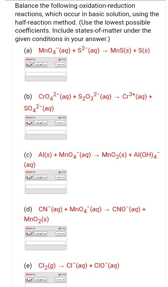 Solved Balance the following oxidation-reduction reactions, | Chegg.com