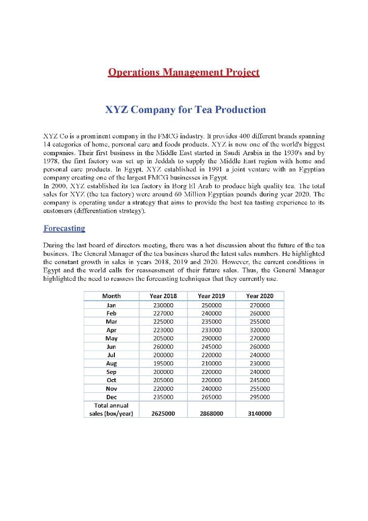 Solved Operations Management Project XYZ Company for Tea | Chegg.com
