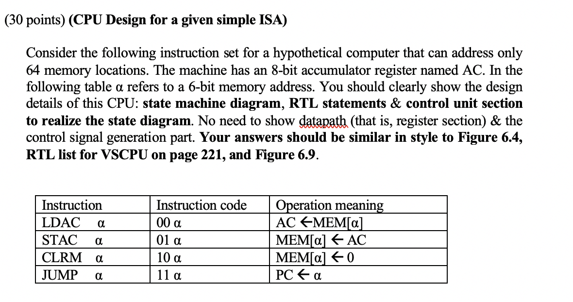 (30 points) (CPU Design for a given simple ISA) | Chegg.com