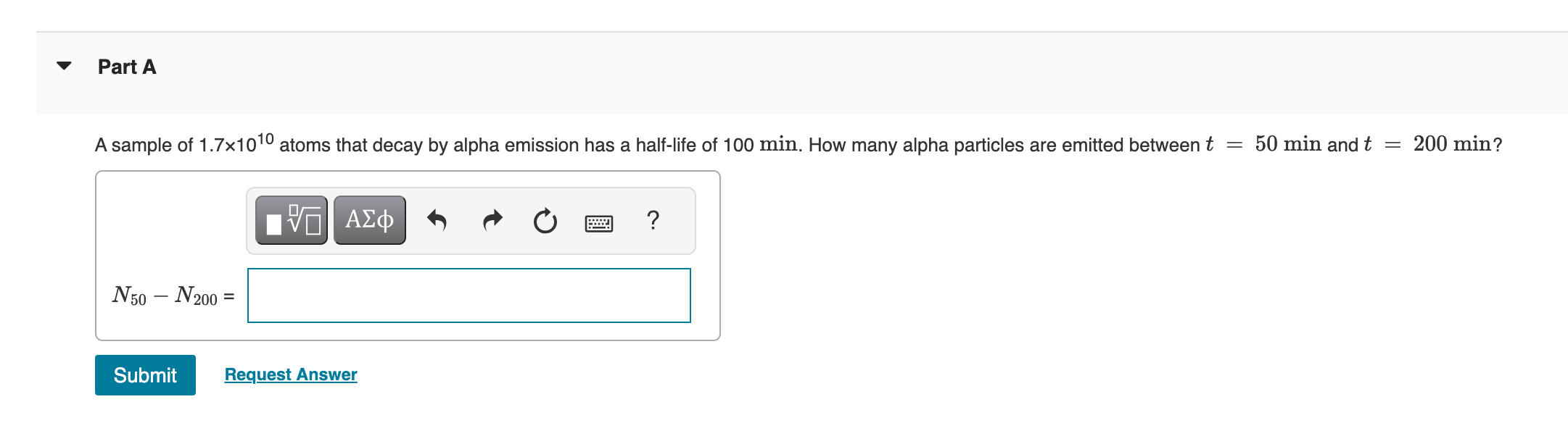 Solved Part A A sample of \\( 1.7 \\times 10^{10} \\) atoms | Chegg.com