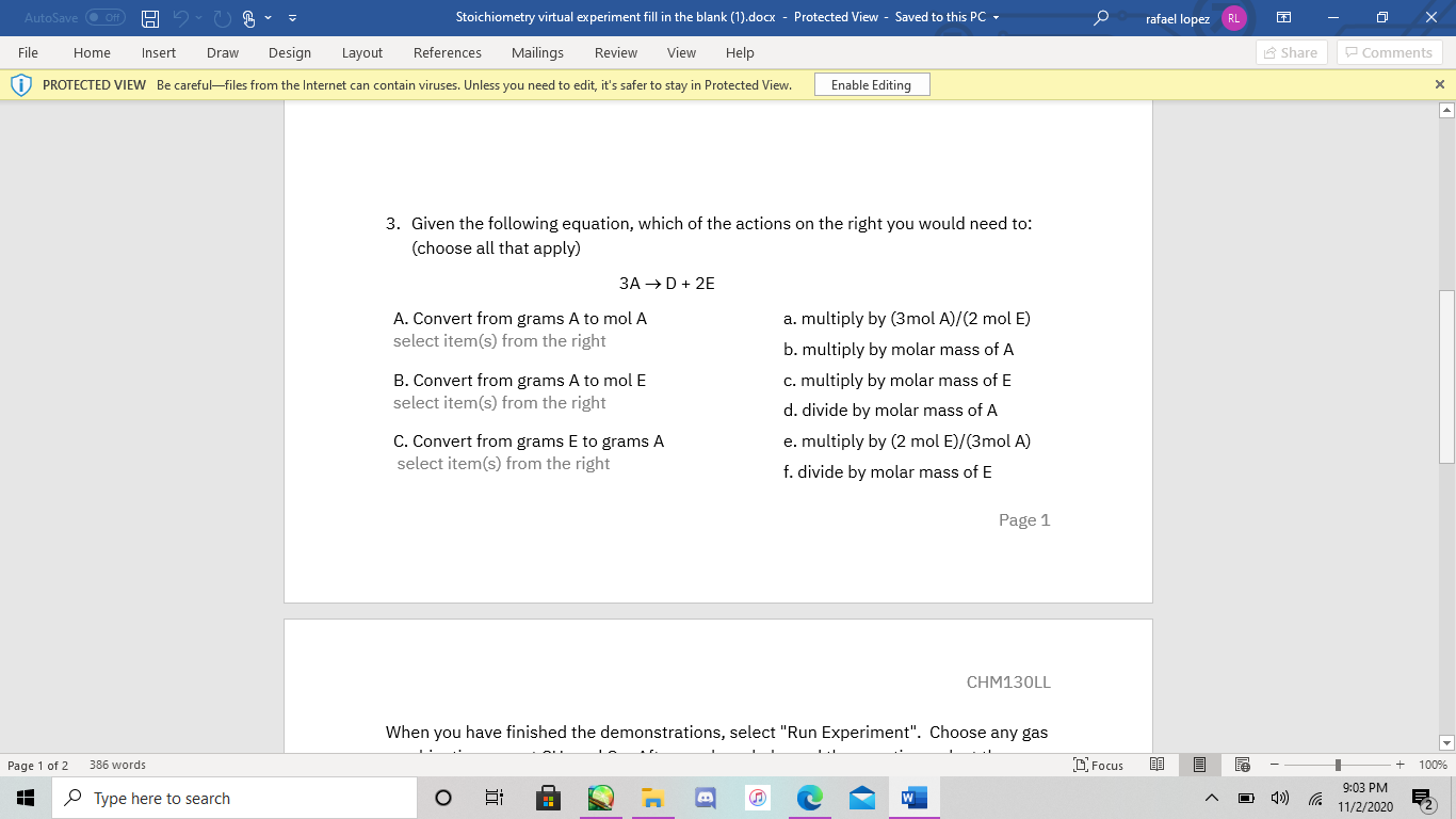 Solved AutoSave H Stoichiometry virtual experiment fill in | Chegg.com