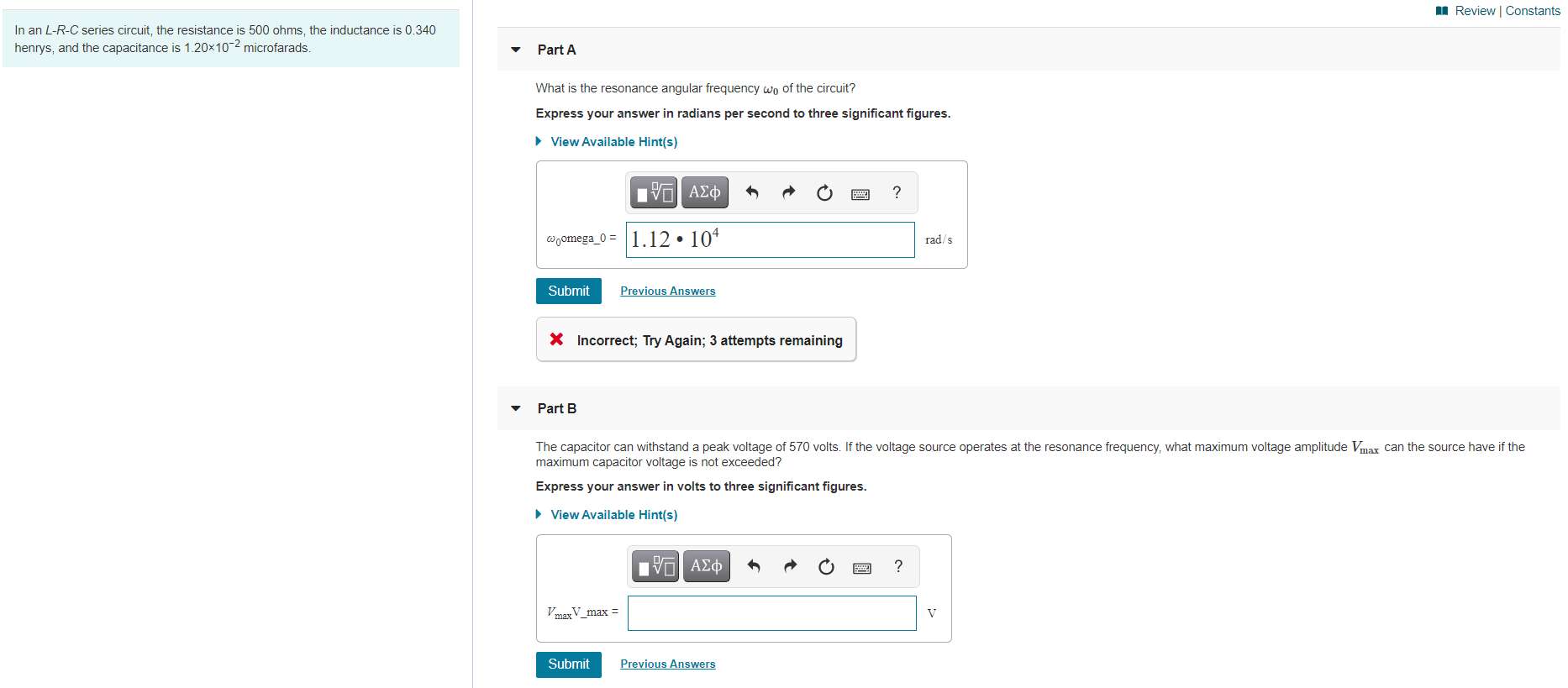 Solved Review Constants In an L-R-C series circuit, the | Chegg.com