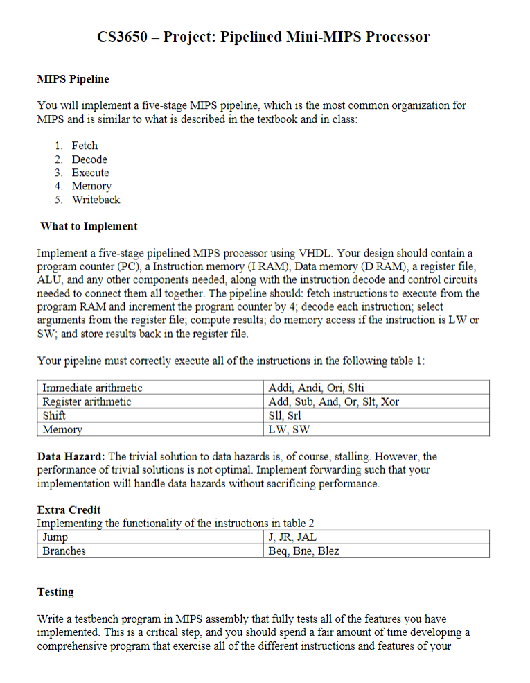 Solved CS3650 – Project: Pipelined Mini-MIPS Processor MIPS | Chegg.com