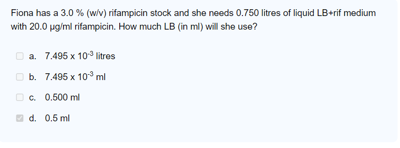 Solved Fiona has a 3.0%(w/v) rifampicin stock and she needs | Chegg.com