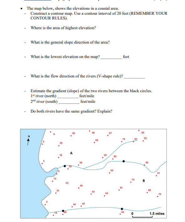 Solved - The map below, shows the elevations in a coastal | Chegg.com